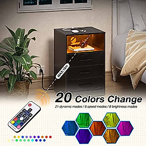 Seventable Nightstand with Wireless Charging Station and LED Lights, Modern End Side Table with 3 Drawers and Open Compartment for Bedroom, Black