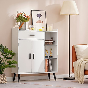 usikey Storage Cabinet, Floor Storage Cabinet with 1 Large Space, 2 Doors & 3 Shelves, Bathroom Storage Cabinet, Cabinet for Living Room, Entryway, Office, White
