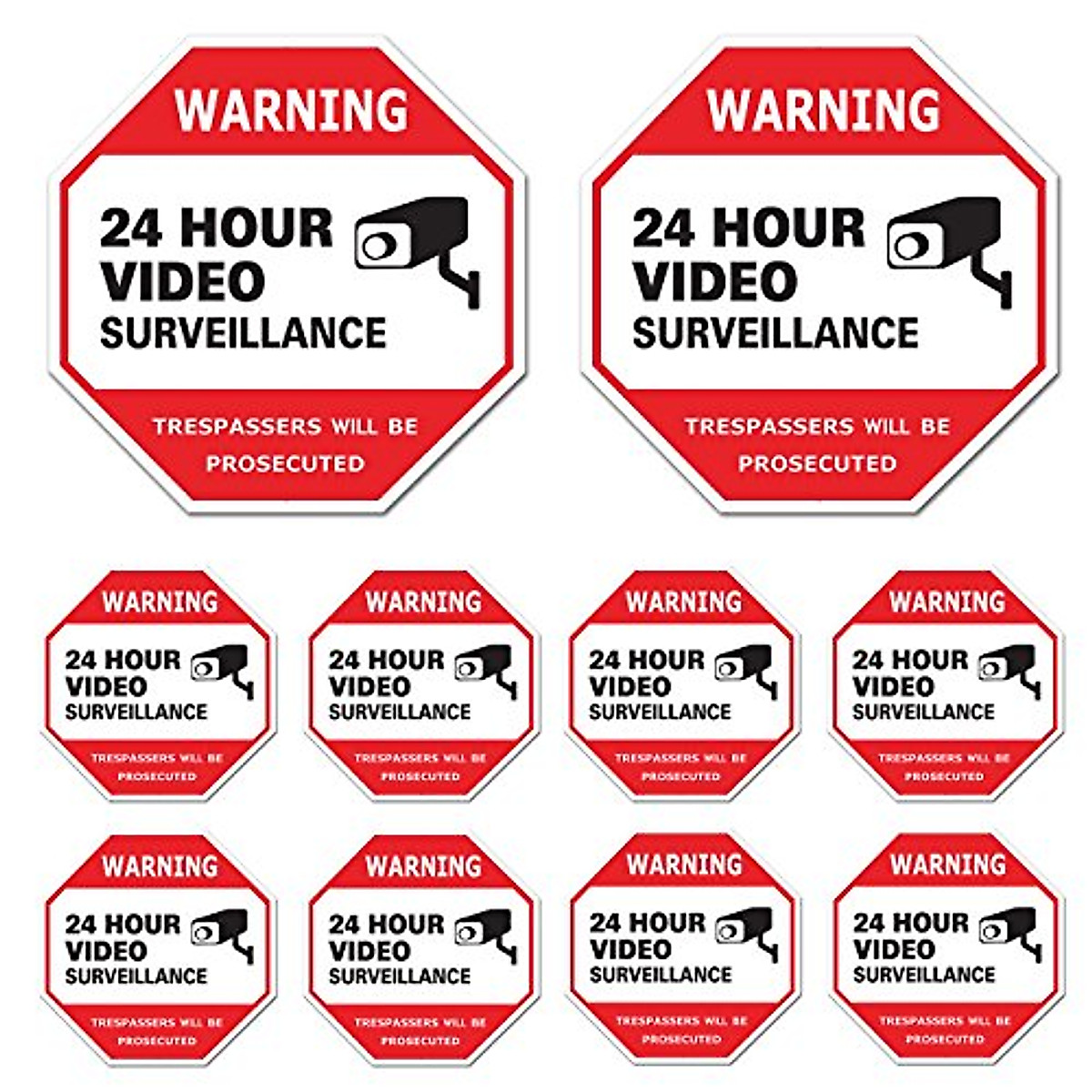 Video Surveillance Sign 10 Pack, CCTV 24 Hour Warning Sticker Door Window Yard Sign, Indoor & Outdoor Use (2-6x6", 8-3x3" Decal)