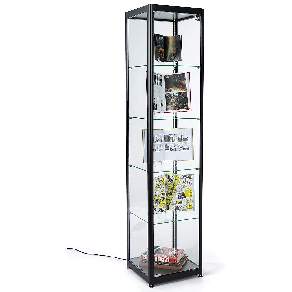 Displays2go Multi-Level Tempered Glass Tower with Lighting – Black (DCKDMT16B)