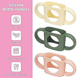 3 Pack Bottle Handles Compatible with Dr Brown Wide-Neck Bottles Non-Slip Easy Grip Handles - BPA-Free Food Grade Silicone Dishwasher Safe - Milk White, Green, Pink