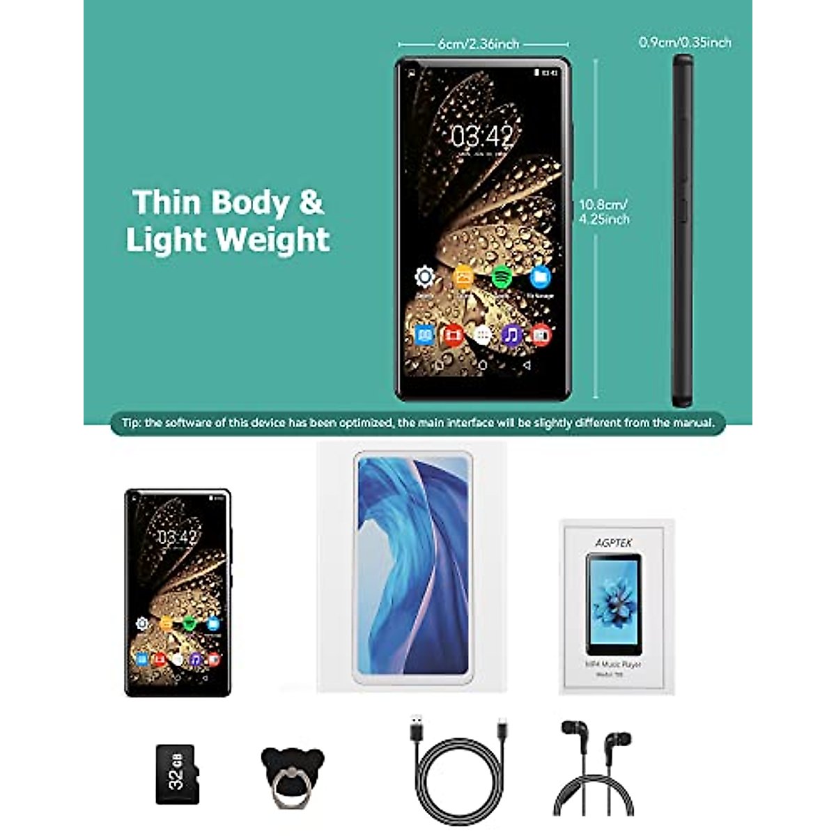 AGPTEK 40GB MP3 Player with Bluetooth and WiFi, 4" Full Touch Screen MP4 Player with Spotify, Android Online Music Player with Speaker, FM Radio, Expandable Up to 32GB