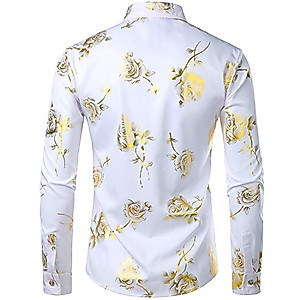 ZEROYAA Mens Hipster 3D Golden Rose Floral Printed Slim Fit Long Sleeve Button Down Dress Shirts ZZCL22 White Medium