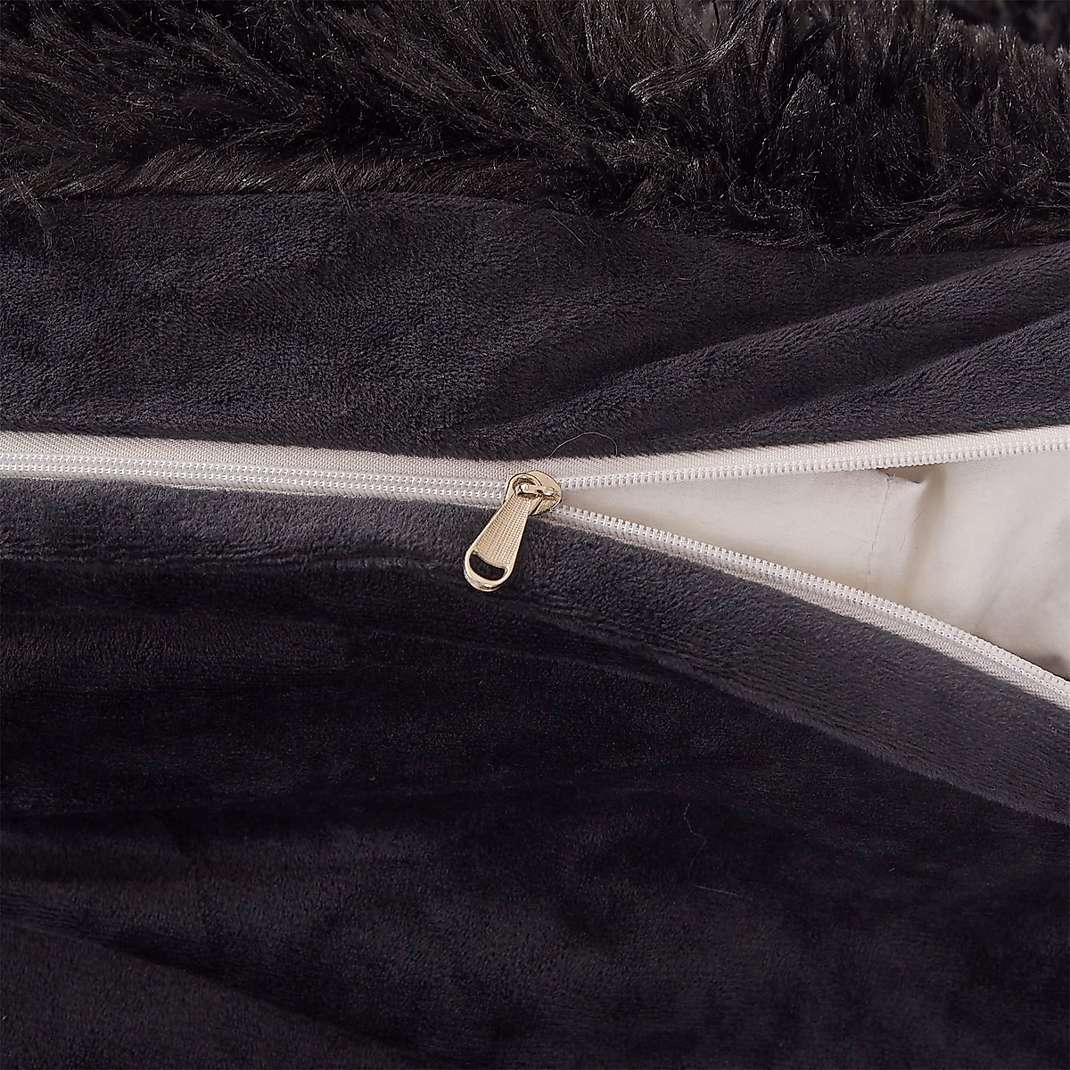 Furry Plush Pillow Covers, Ultra Soft Black Faux Fur, Decorative Bed Pillows, Zipper Closure, Set of 2 (Standard)