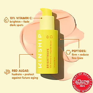 Kinship Brightwave 10% Vitamin C + Peptide Serum - Fade Dark Spots, Reduce Fine Lines & Wrinkles - Brighten, Plump & Smooth Face - Vegan Collagen - Anti-Aging Skincare - All Skin Types (1 Fl Oz)