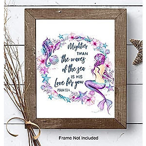 Mermaid Seahorse Seashells Wall Art - Inspirational Bible Verse Religious Quote - Christian Scripture Room Decor for Bathroom, Bedroom - Nautical Ocean Beach House Poster - Mightier Than the Waves