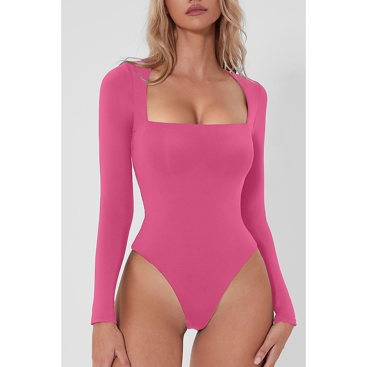 QINSEN Square Neck Shirt for Women Long Sleeve High Leg Thong Bodysuit Tops Magenta M
