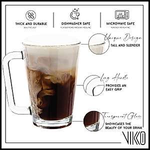 Vikko Glass Coffee Mugs, Thick and Durable 9 Ounce Coffe Cup, Microwave and Dishwasher Safe, Set of 6 Clear Glass Mugs