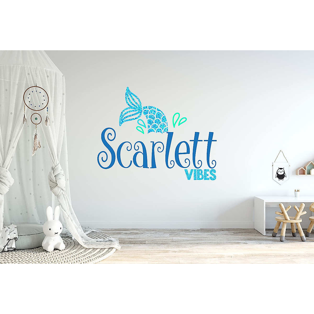 Mermaid Custom Name Wall Decal - Girls Personalized Name Mermaid Tail Wall Sticker - Sparkle Mermaid Wall Decor - Girls Personalize Name Wall Art Sticker - Wall Decal for Nursery Playroom Bedroom Decoration (Wide 15"x11" Height)