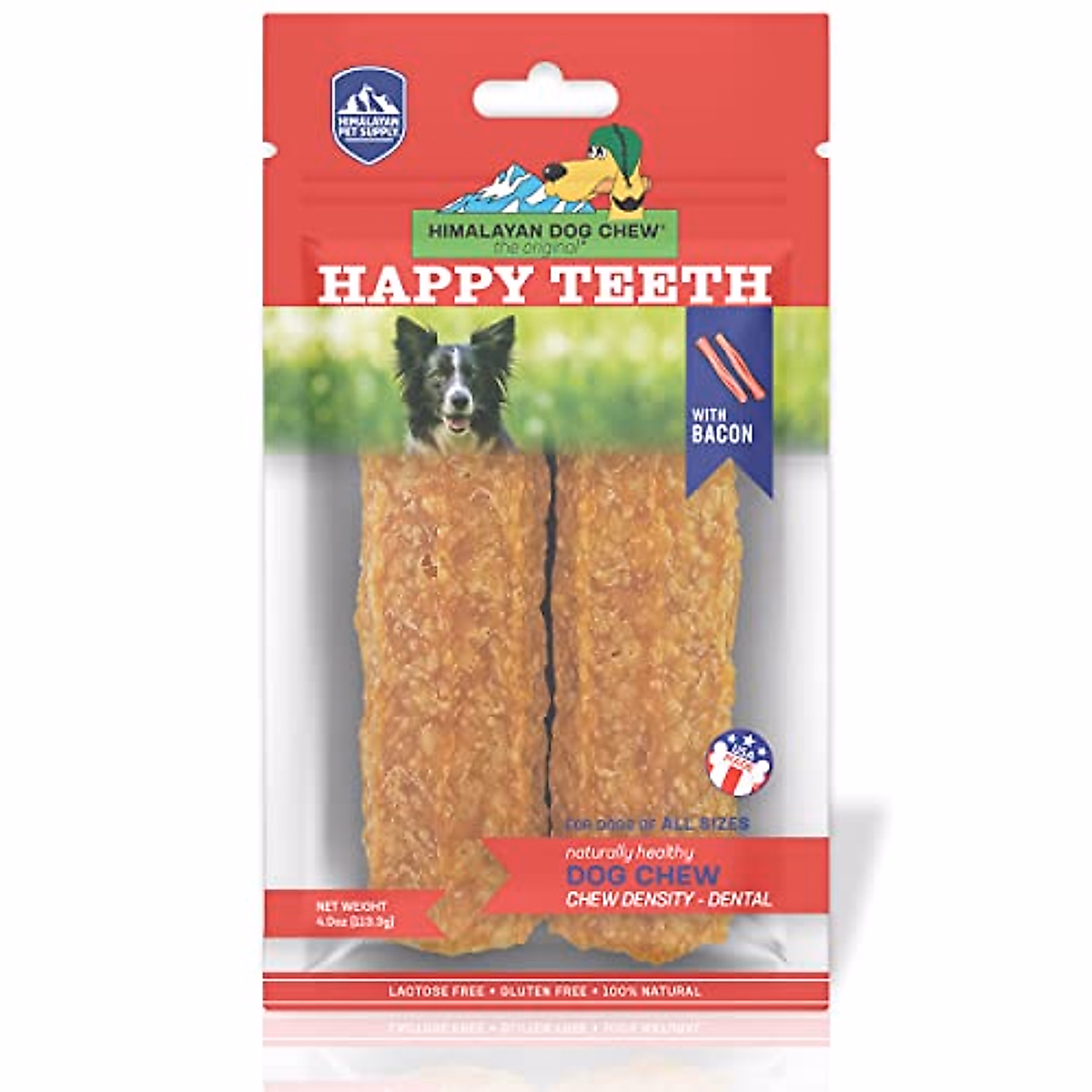 Himalayan Dog Chew Happy Teeth Yak Cheese Dog Chews Dental Chews, 100% Natural, Long Lasting, Gluten Free, Healthy & Safe Dog Treats for Oral Health, Lactose & Grain Free, Protein Rich, Bacon, 2 Chews
