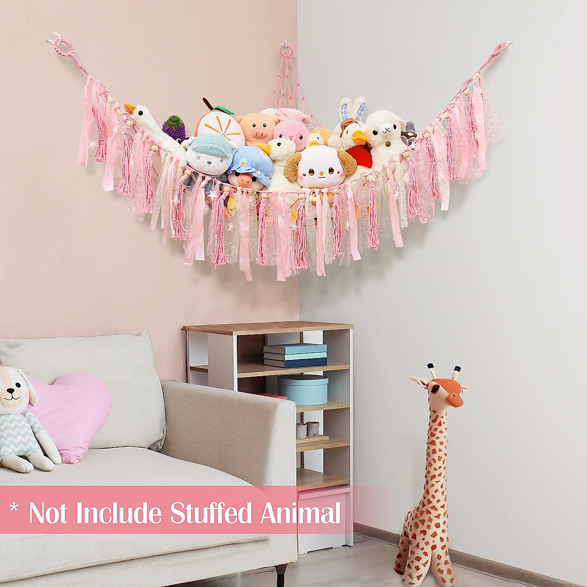 Lewondr Stuffed Animal Hammock, Dense Stuffed Animal Net or Hammock with Transitional Fringes, DIY Ribbons Great Decor Stuffed Animal Storage, 138'' Star Light String, 39'' x 39'' x 59, Pink