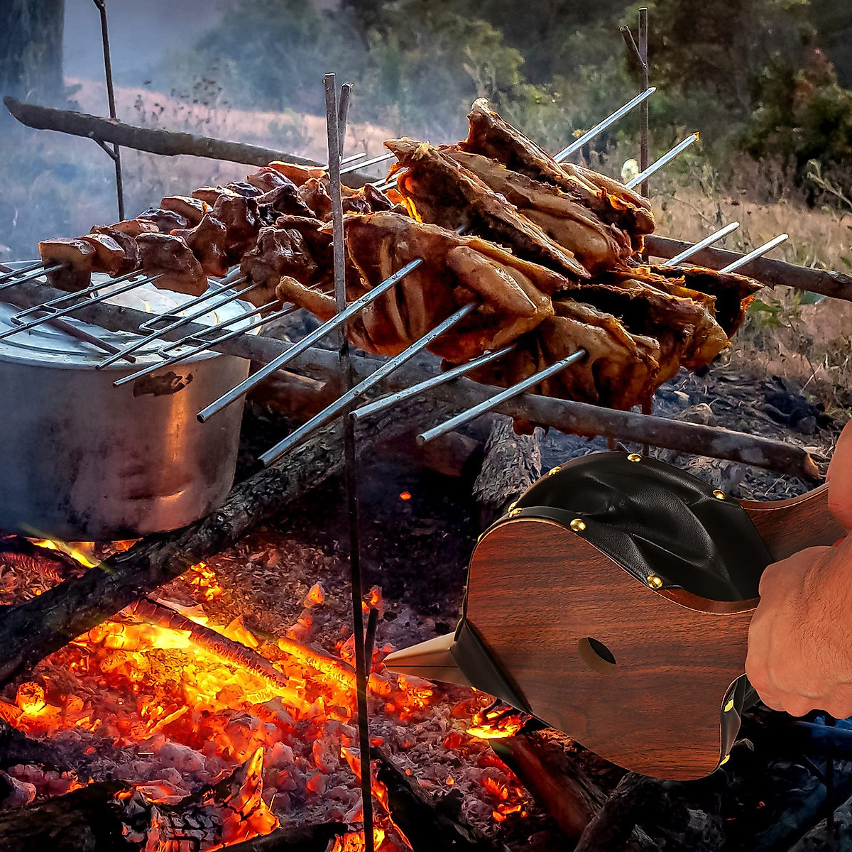 TJ.MOREE Fireplace Bellows Indoor 15.5"x 6.9" Wood Fire Blower with Hanging Strap, Metal Nozzle, Great Tool for Fireplace, Fire Pit, Wood Stove, BBQ, Outdoor Camping - Brown