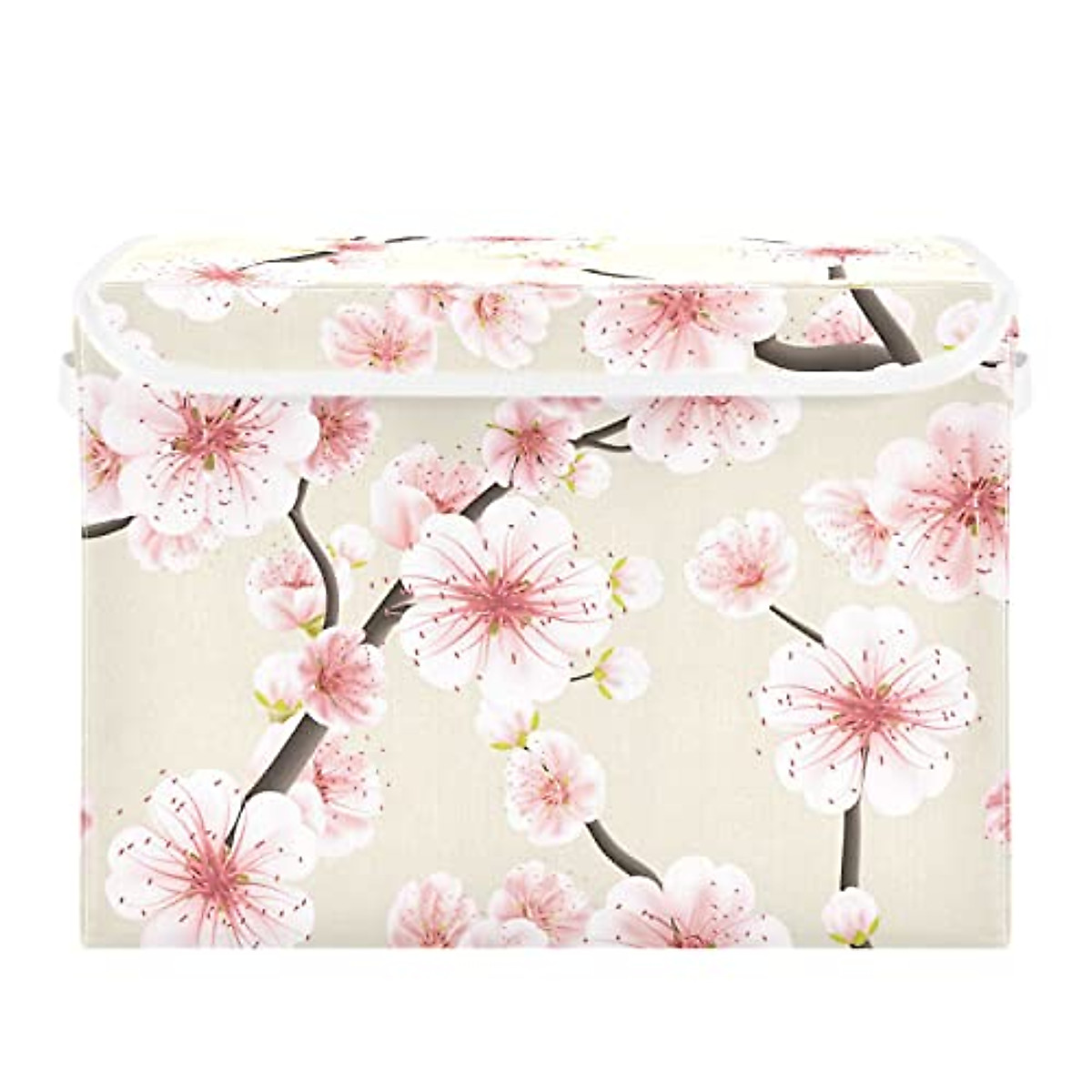 Kigai Pink Spring Cherry Blossoms Storage Bin, Storage Baskets with Lids Large Organizer Collapsible Storage Bins Cube for Bedroom, Shelves, Closet, Home, Office 16.5 X 12.6 X 11.8 Inch