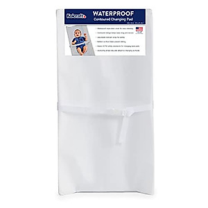 Kolcraft Waterproof Contoured Baby Diaper Changing Pad for Dresser or Changing Table, Easy Clean, Soybean Enhanced Foam, Safety Restraint Belt and Anchoring Straps, Made in USA - White, 17" x 33"