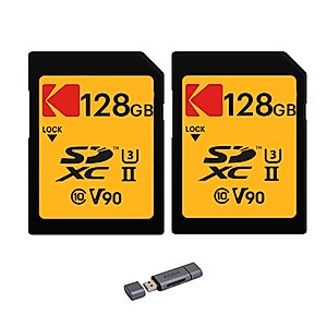 Kodak 128GB UHS-II U3 V90 Ultra Pro SDXC Memory Card (2-Pack) Bundle with Aluminum SD Reader (3 Items)
