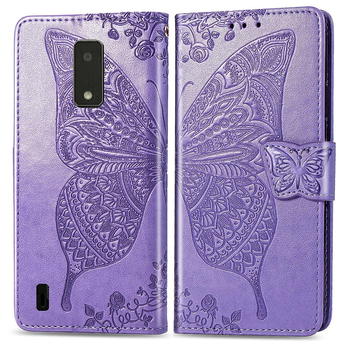 DAMONDY for BLU View4 B135DL Flip Case,Butterfly Embossed Flowers PU Leather Magnetic Flip Cover Stand Card Holders Hand Strap Wallet Purse Case for BLU View 4 B135DL -Light Purple