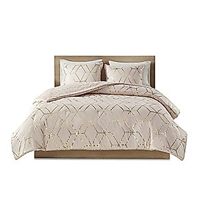Intelligent Design Ainsley Comforter Set-Geometric Metallic Print to Faux Fur Reverse Trendy All Season Hypoallergenic Bedding, Matching Sham, Twin/Twin XL, Blush 2 Piece (ID10-1761)