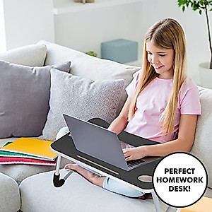 Folding Lap Desk for Bed and Sofa - Portable Wide Surface Bed Desk with Built-in Cup Holder and Tablet or Phone Slot for Working, Studying, Eating, and Watching Movies (Dark Grey)