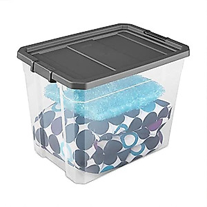 Sterilite 108 Qt. Clear Stacker Modular Storage Container Tote Box with Recessed Latching Lid for Household Organization & Management, Grey, (4 Pack)