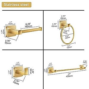 Bathroom Hardware Set 4 Pieces,Gold Towel Bar Set Stainless Steel, 17In Hand Towel Bar, Towel Ring, Robe Towel Hooks,Toilet Paper Holder, Bathroom Towel Rack Set