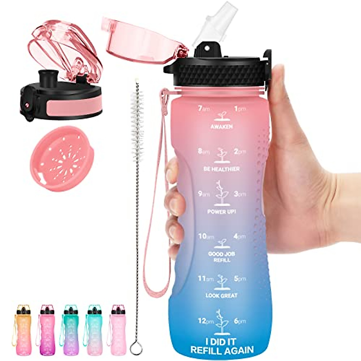 AIDEAMART 24 OZ Motivational Kids Water Bottle With Time Marker,Straw Lid&Chug Lid, Leak Proof, Tritan BPA Free Sports Water Pink-Blue(2 Lid)