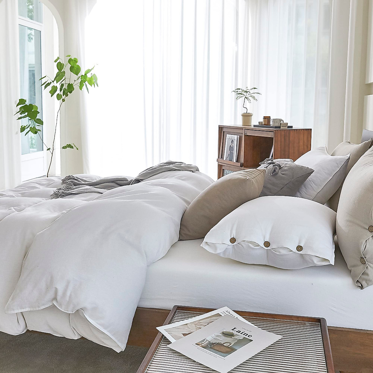 EVERLY 100% Pure Linen Duvet Cover Set Twin Size 68X90Inch 3pcs (1 Duvet Cover,1Pillowcases) Soft and Breathable for All Season with Coconut Button Closure, Suitable for Hot Sleepers-White-Twin