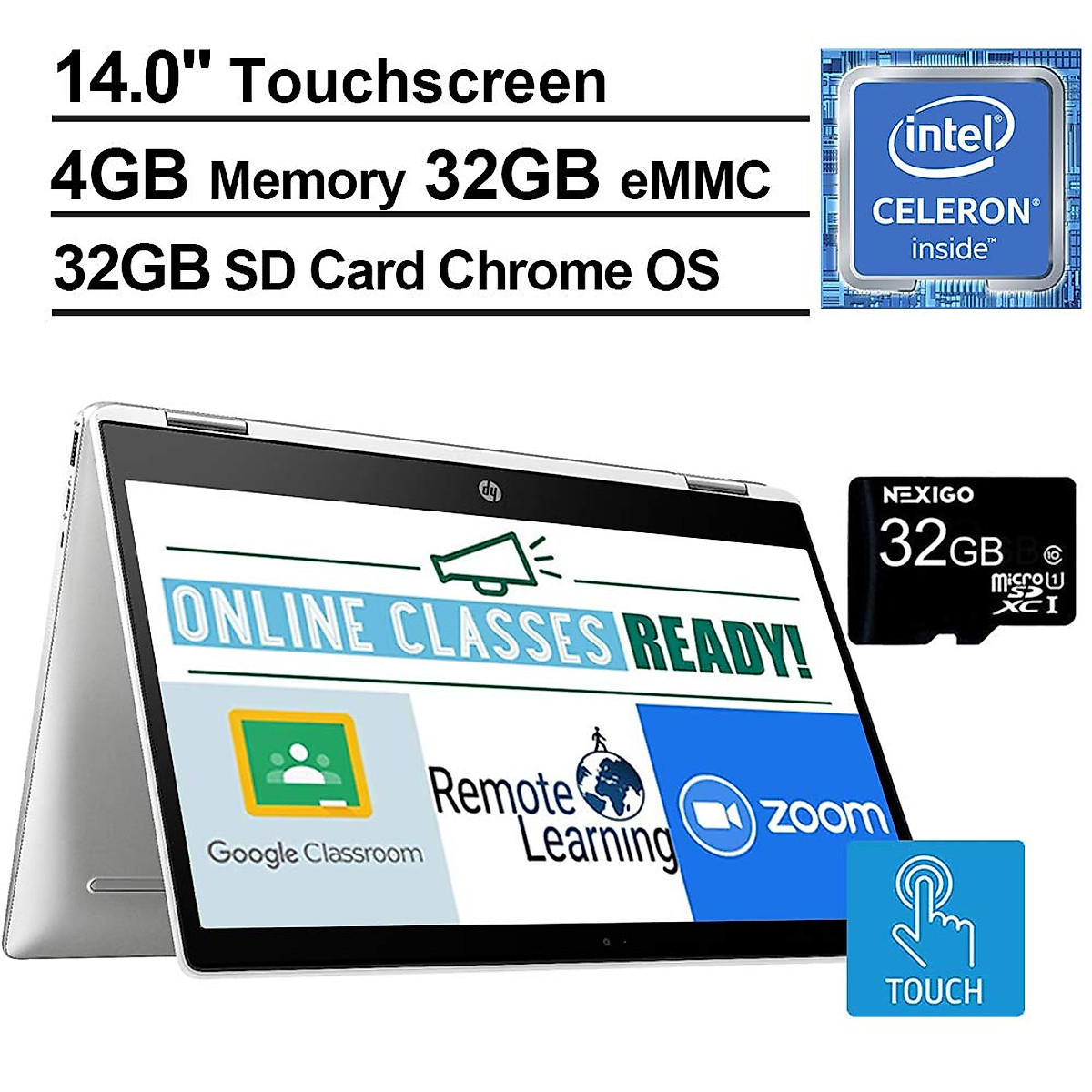 HP 2021 Chromebook 14 Inch Touchscreen 2-in-1 Laptop with Webcam, Intel Celeron N4000 up to 2.6 GHz, 4GB RAM, 32GB eMMC, Bluetooth, USB Type-C, Chrome OS + NexiGo 32GB MicroSD Card Bundle