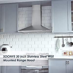 SOONYE 450 CFM 30 inch Range Hood, Stainless Steel Wall Mount Vent Hood, Convertible to Ductless/Ducted with LED Lights, 3 Speed Exhaust Fan