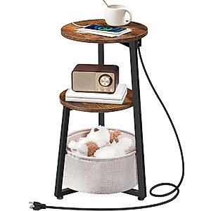 HOOBRO Small Round Side Table with Charging Station, Round End Accent Table with Fabric Storage Basket, Compact Sofa Bedside Table for Small Space in Living Room, Bedroom, Rustic Brown BF169UBZ01