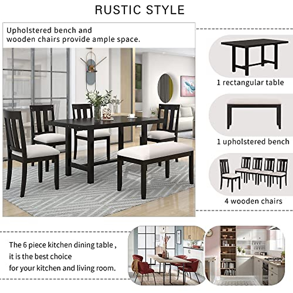 Merax Rustic Style 6-Piece Wood Rectangular Table Set with 4 Chairs & Bench for Dining Room, Espresso+Grey