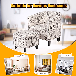 Giantex Modern Accent Chair with Ottoman, Upholstered Barrel Tub Chair and Footrest Set, Linen Fabric Club Arm Chair w/Solid Wood Legs, Ideal for Living Room, Bedroom, Garret