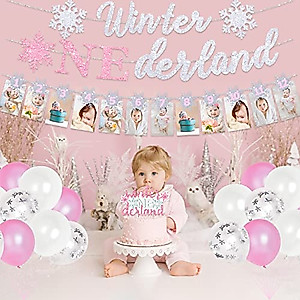 Winter Onederland Birthday Party Decorations Girl Pink Wonderland Snowflake 1st Birthday Party Supplies with Snowflake Photo Banner Winter Onederland Banner Cake Topper