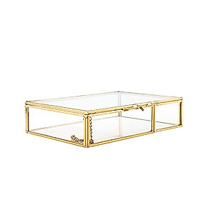 Feyarl Gold Clear Glass Photo Mail Letter Box Bill Greeting Cards Keepsake Jewelry Trinket Shadow Organizer Collection Display Case Decorative Box with Lid for Home Deco Office Table