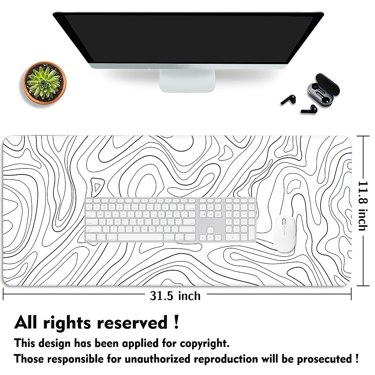 Topographic Gaming Mouse Pad, Extended XL Mousepad with Anti Slip Base, Large Desk Mat Keyboard and Mouse Minimalist Contour for Office 31.5 x 11.8 in