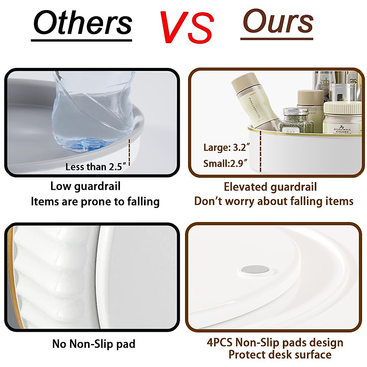 Lazy Susan Turntable Organizer for Cabinet- Spice Rack, Makeup Perfume Organizer Plastic Non-Slip Rotating Containers for Kitchen, Office, Bathroom-9"+12" Lazy Susan Organizers (White-2Pack)