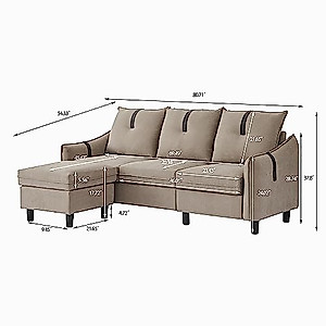 Pingliang Home 80" Sectional Sofas for Living Room, 3 Seat L Shaped Couch with Reversible Ottoman, Modern Linen Fabric Small Sectional Couch for Apartment Small Space, Beige