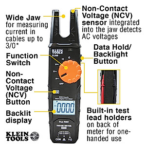 Klein Tools CL360 CL360 Electrical Tester, Open Jaw Fork Non-Contact Voltage Meter with TRMS Technology, with Case, Test Leads and Batteries