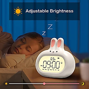Rabbit Digital Alarm Clock with Day of Week Display, Cute Design Bunny Look, Easy Setting, Snooze, Night Light, Thermometer, Rechargeable, Kawaii Decor for Bedroom, Bedside, Adult, Kid, Gift, White