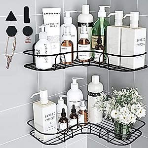 Huryfox Corner Shower Caddy Bathroom Organizer Shower Shelf with Hooks, Adhesive Shower Shelves, Wall Mounted Shampoo Holder, 2 Pack Shower Racks for Inside Shower, Black