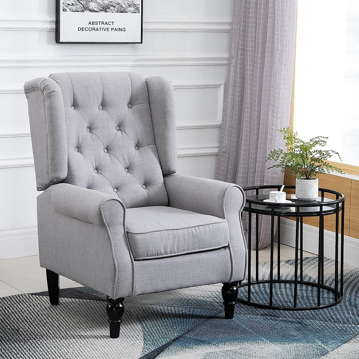 HOMCOM Mid-Century Modern Accent Chair, High Wingback Chair, Button-Tufted Upholstered Fabric Armchair with Retro Wood Legs for Living Room, Bedroom, Gray