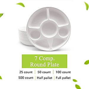Three Leaf 7 COMPARTMENT BAGASSE ROUND PLATE, 50 Ct. Heavy-Duty- Super Strong- Natural- Eco-Friendly Disposable Bagasse Plates, 100% Biodegradable 7 compartment plates