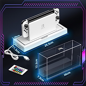 HSTOP Switch Dust Cover with 16 LED Colors Light Base Compatible with Nintendo Switch/OLED, Acrylic Display Case Anti-Scratch Waterproof Dock Cover, Accessories for Nintendo Switch/OLED
