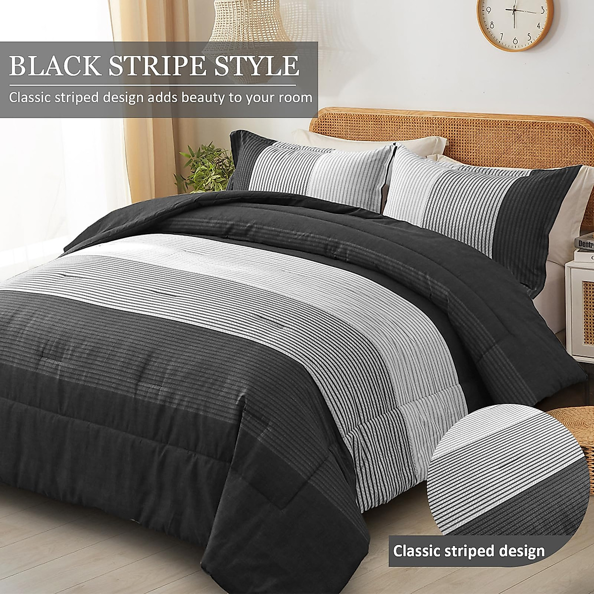 WONGS BEDDING Black Comforter Set Queen, Reversible Black Grey Stripe Down Alternative Comforter for All Season,3 Pieces(1 Patchwork Comforter+2 Pillowcases), Soft Microfiber Bedding Set 90"×90"