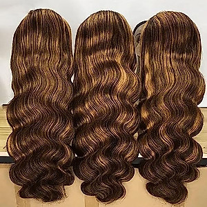 28inch Honey Blonde Lace Front Wig Human Hair 13x4 HD Transparent 4/27 Highlight Ombre Lace Front Wigs Human Hair Pre Plucked With Baby Hair 180% Density Body Wave Human Hair Wigs