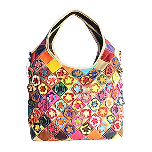 Segater® Women's Multicolor Floral Tote Bag, Vintage Cowhide Leather Handbag Flower 3D Pattern Design Shoulder Bag Ladies Travel Top-Handle Bag Colorful Purses
