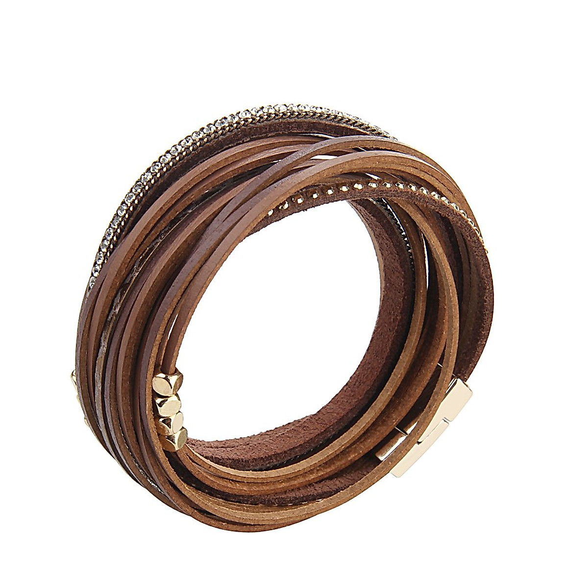 TASBERN Women Leather Wrap Bracelet in Goldplated Metallic Crescents and Crystal Cuff Bracelets for Ladies Christmas Gift (brown leather bracelet for women)