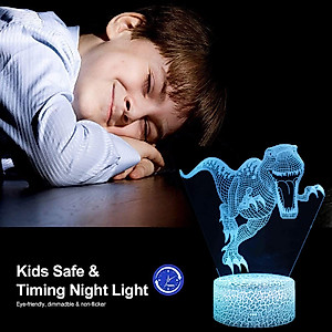通用 Dinosaur Night Light Toys 3D Lamp for Kids 7 Colors Changing with Smart Touch & Remote Control & Timer for Boys Bedroom Decor As Birthday Gifts Idea