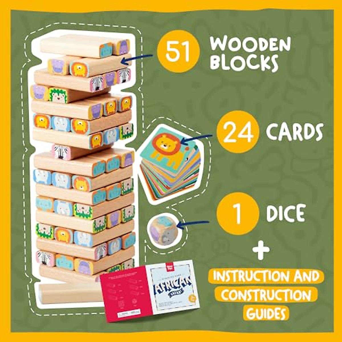 Nene Toys Wooden Block Stacking Game – 4-in-1 Tumble Tower Family Board Game with Building Blocks, Cards and Dice – African Safari Educational Wooden Toy for Kids 3-9 Years Old About Animals