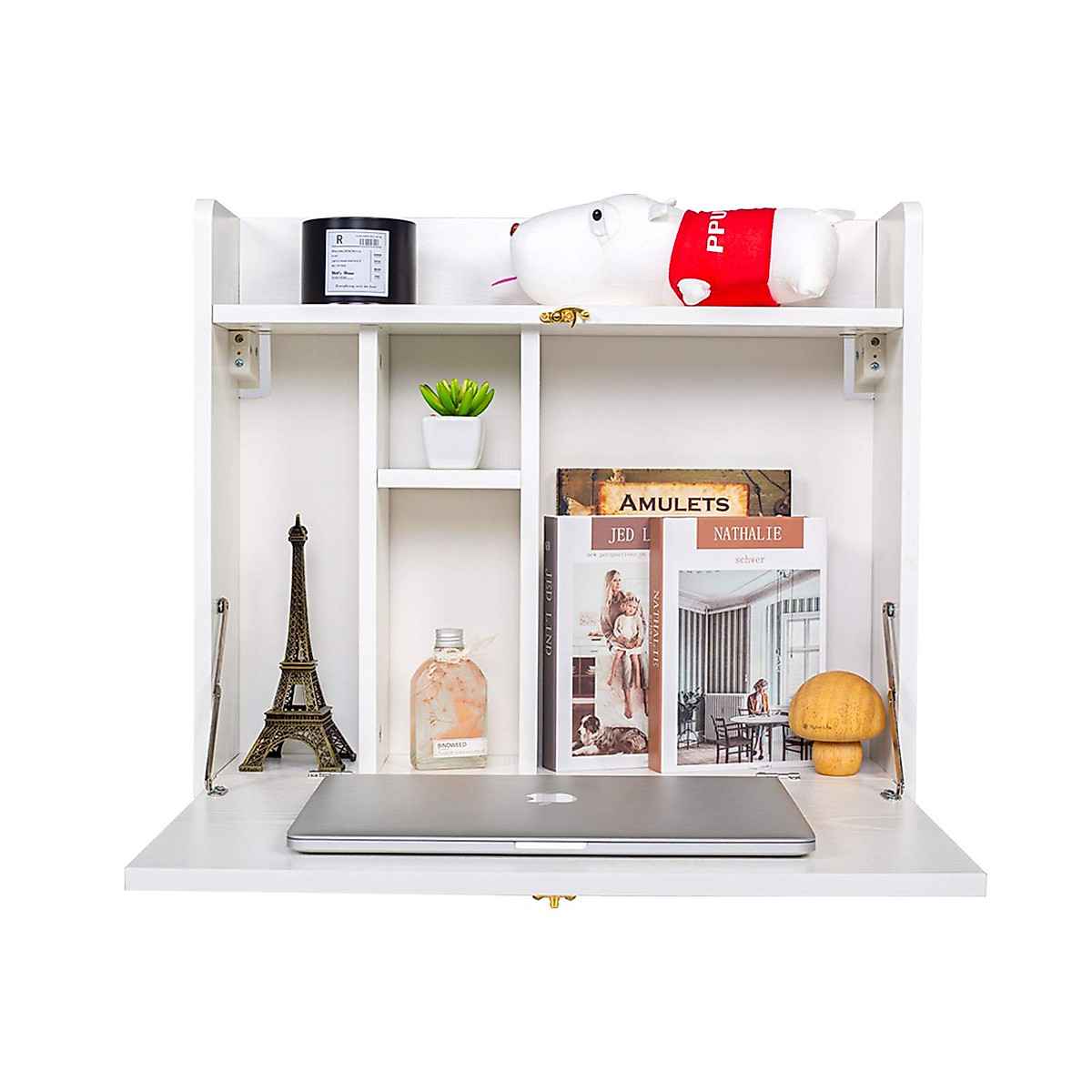 KZHOME Multifunctional Folding Wall-Mounted Laptop Desk Writing Table with Storage Shelves, for Home Office, White