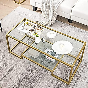 NAFORT Tempered Glass Coffee Table, 45 Inch Gold Rectangular Modern Center Table with Lower Storage Shelf, Sturdy Metal Frame, for Living Room Home Office/Gold
